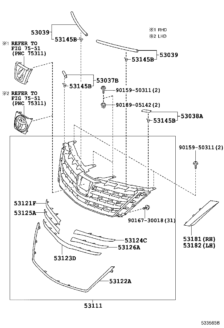 53125-58020 Moulding, Radiator Grille, Center Rh Toyota | YoshiParts