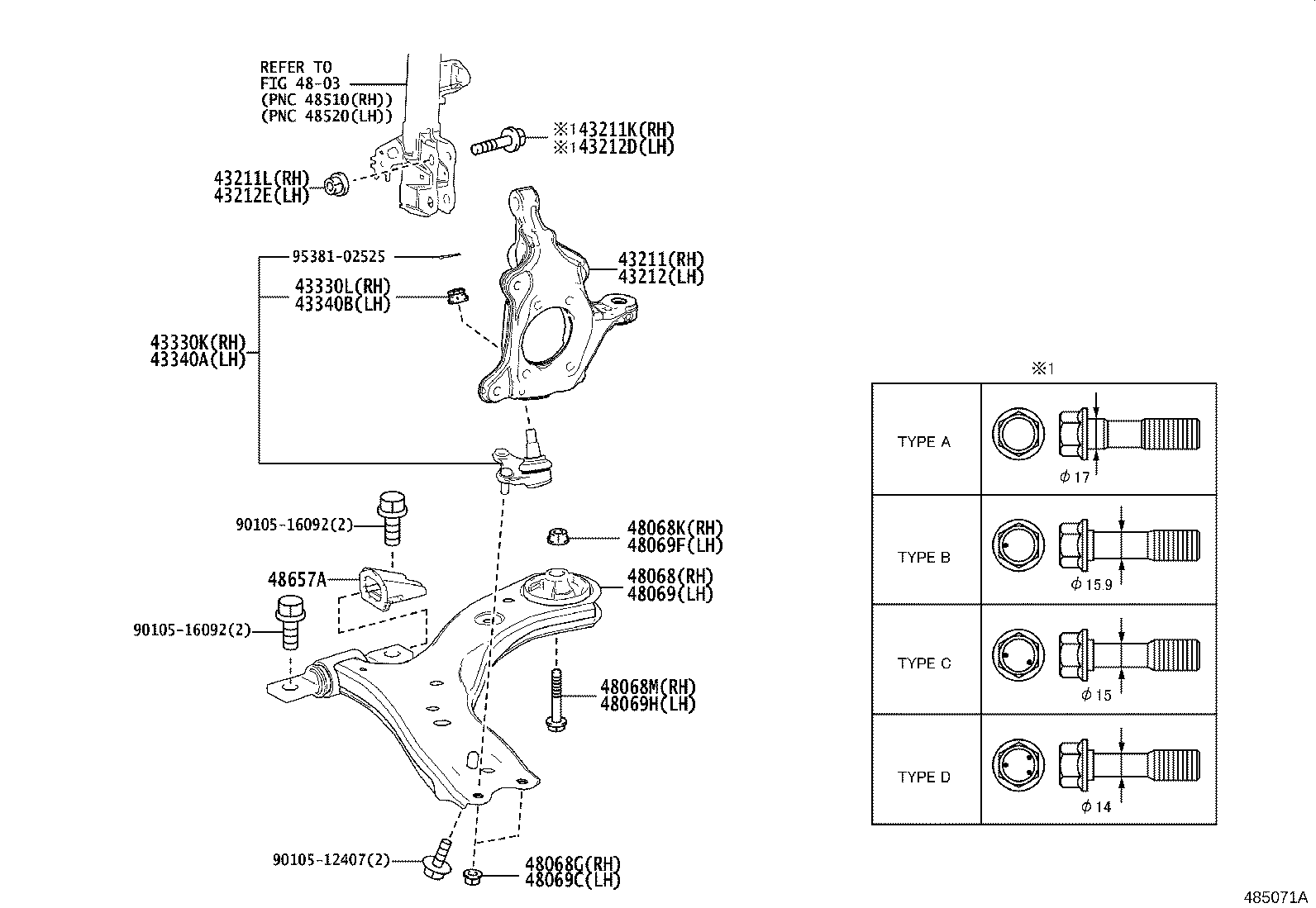 48068-42070 Arm Sub-Assy, Suspension Lwr Rh W/Bush Toyota | YoshiParts