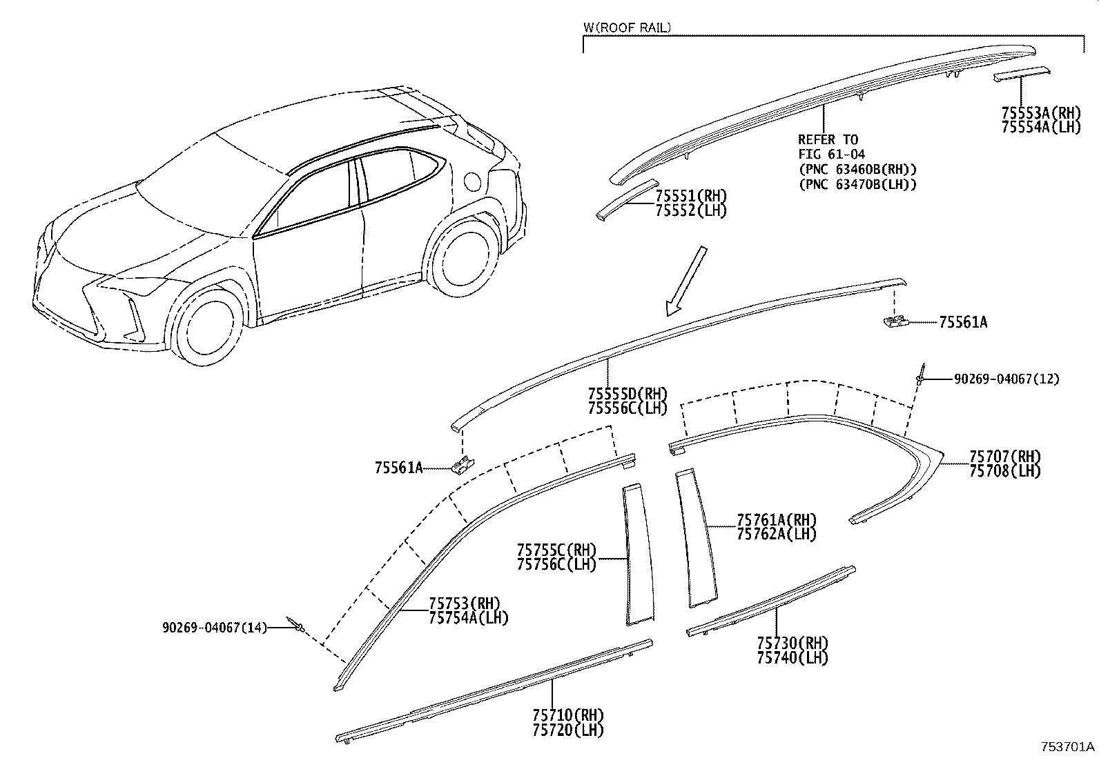 75553-76010-E1 Moulding, Roof Drip Side Finish, Rear Rh Lexus | YoshiParts